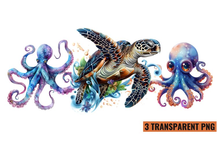 Watercolor Sea Animals Clipart , PNG