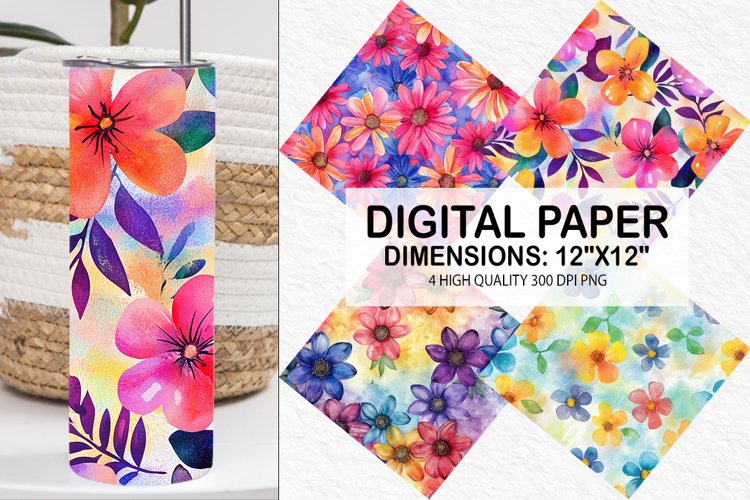 Funky Watercolor Flowers Digital Paper- Flowers Background