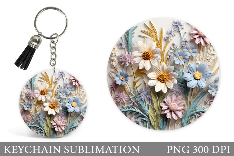 3D Wildflowers Keychain Design. Round Keychain Flowers