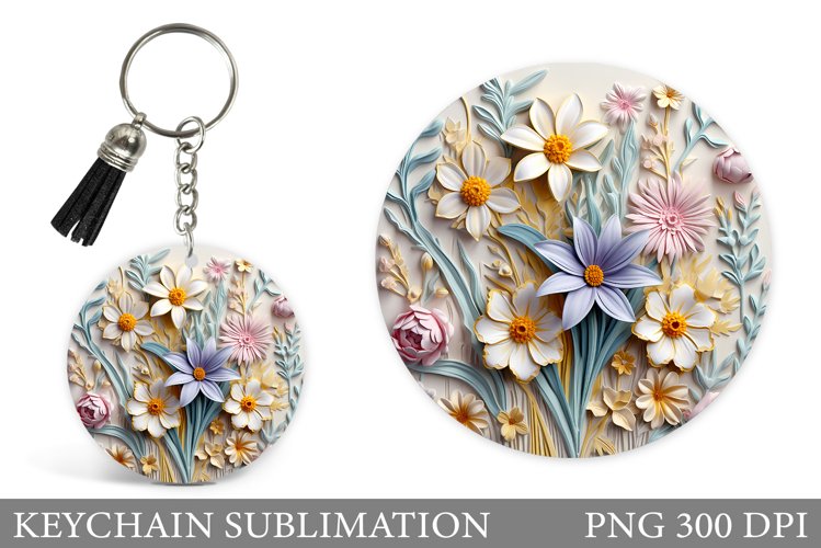 3D Flowers Keychain. Daisy Flowers Round Keychain