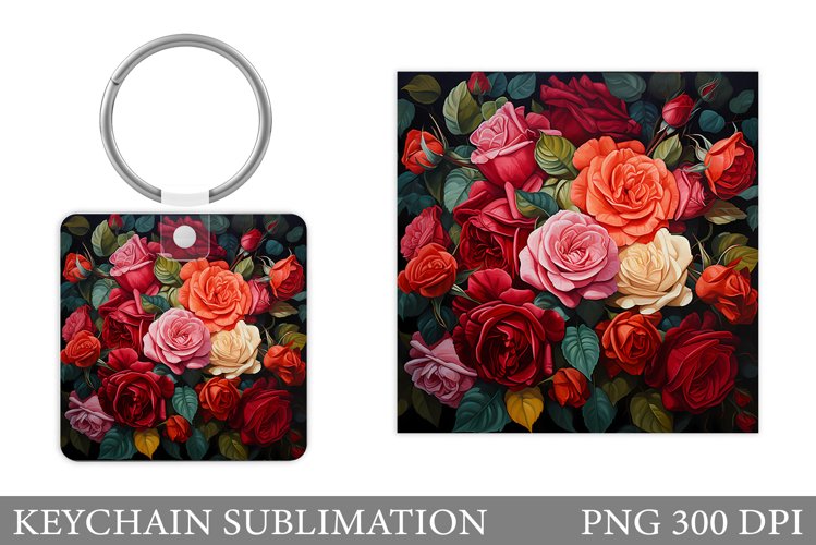 Roses Square Keychain Sublimation. Flowers Keychain Design