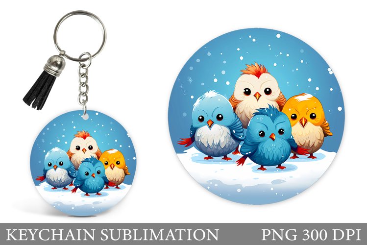 Winter Birds Keychain Design. Cute Birds Round Keychain