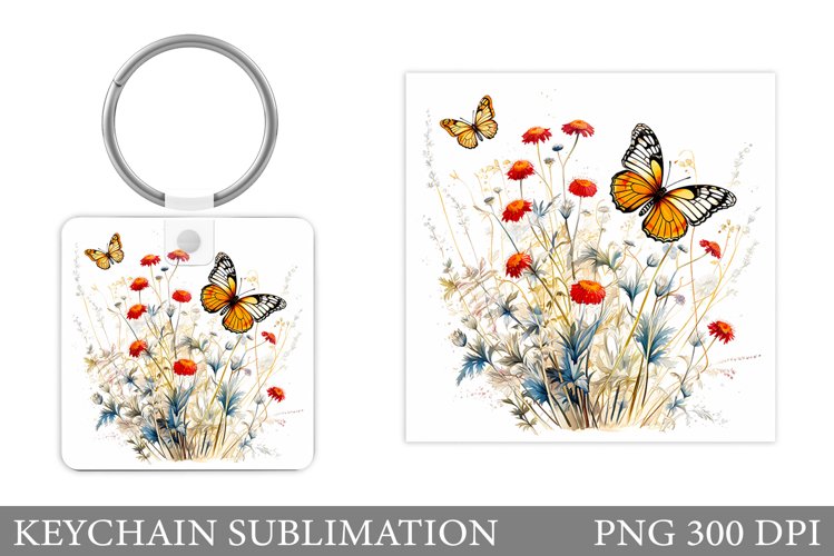 Butterflies Keychain Sublimation. Flowers Square (3368830)