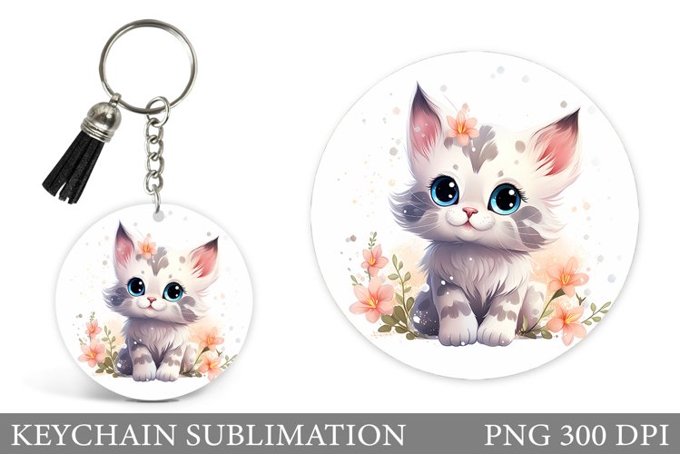 Cute Cat Keychain Sublimation. Round Keychain Cat Design