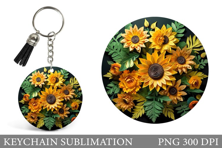 Sunflowers Keychain. 3D Flowers Round Keychain Design