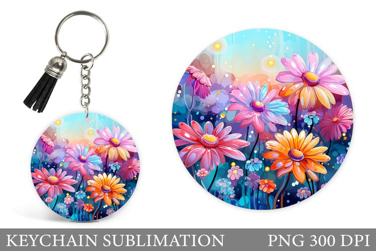 Flowers Daisy Keychain Sublimation. Flowers Round Keychain