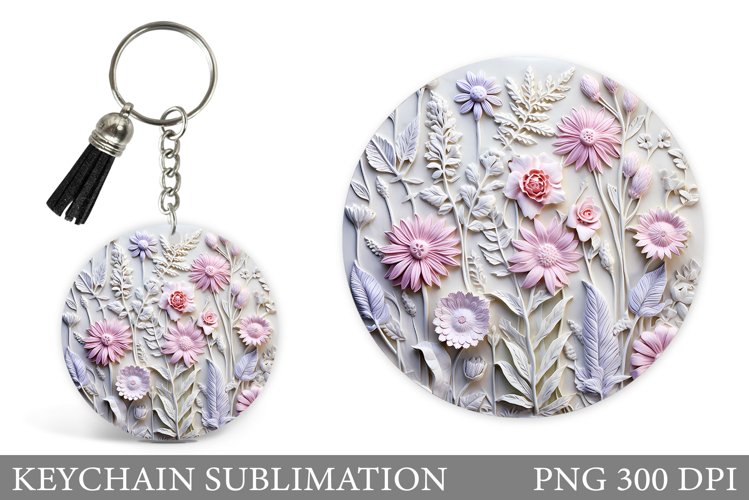 Wildflowers Keychain Design. 3D Flowers Watercolor Keychain
