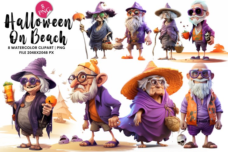 Halloween on Beach Clipart Bundle, Set of 8 Png