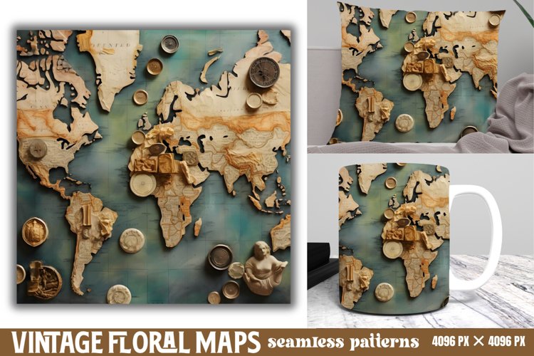 Vintage Floral Maps Seamless Patterns Backgrounds,