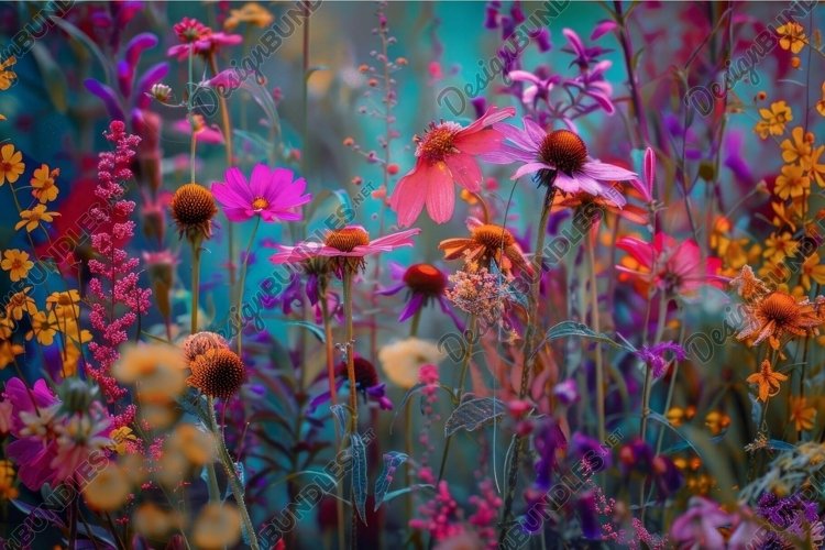 Vibrant wildflowers bloom in a dreamy meadow, creating a mag