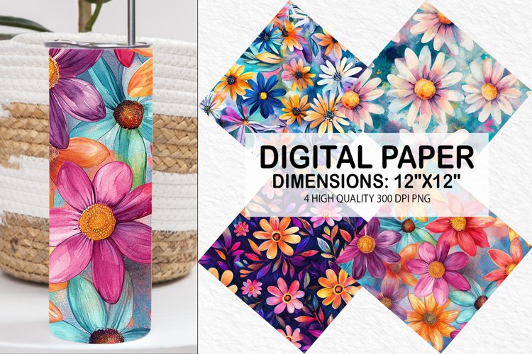 Funky Watercolor Flowers Digital Paper- Flowers Background