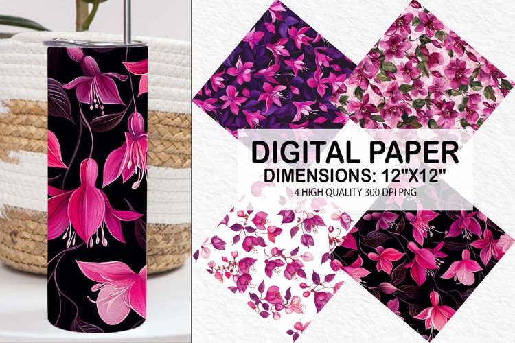 Fuchsia Flowers Pattern Digital Paper - Flowers Background