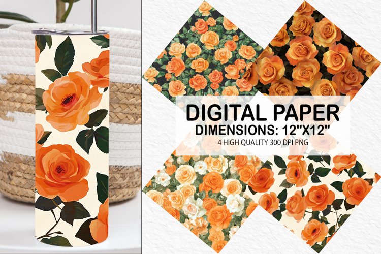Orange Roses Flowers Digital Paper - Flowers Background