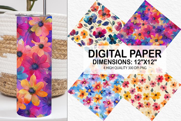 Funky Watercolor Flowers Digital Paper- Flowers Background