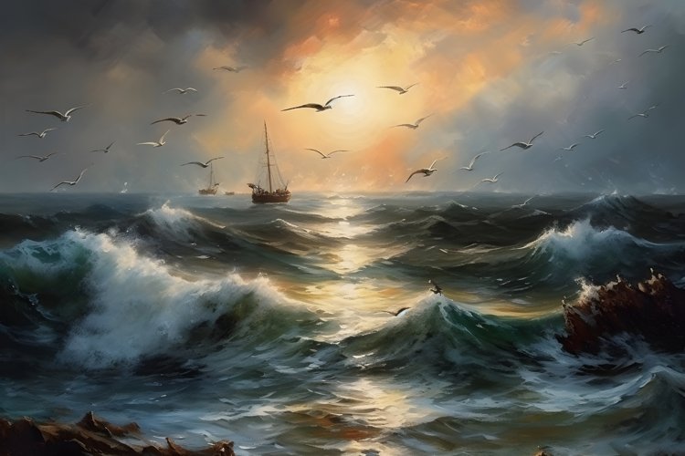 Birds over stormy Sea, Stormy Sea Art, Crashing Wawes
