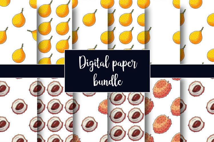 Kumquat, Litchi. Seamless pattern with tropical fruits