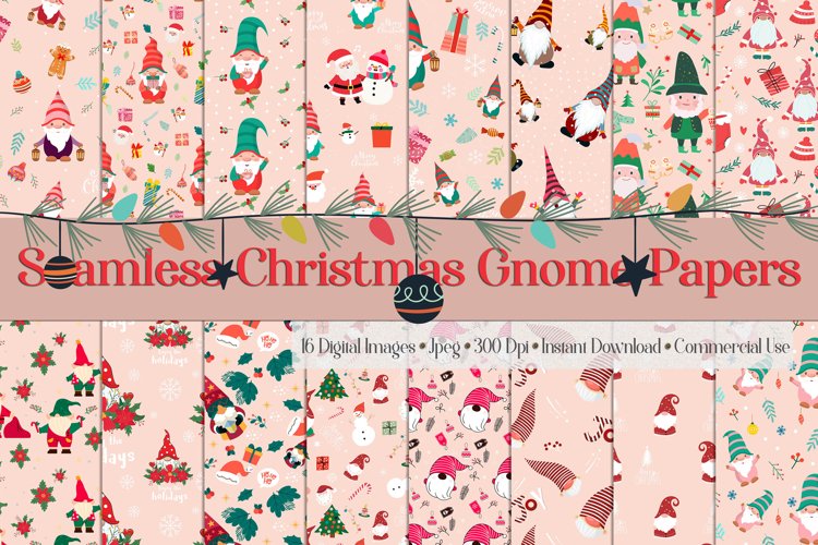 16 Seamless Christmas Gnomes Digital Papers