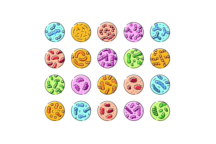 Different bacteria and microbe types flat line icons