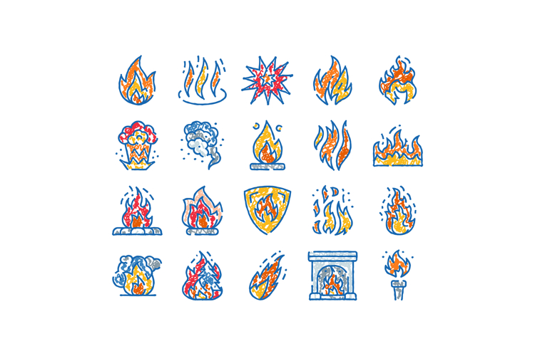 Collection of fire and flame scribble drawing icons