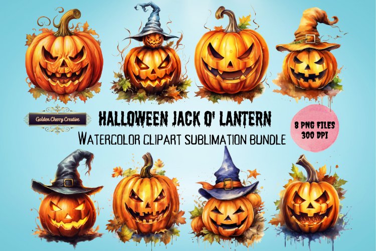 Halloween Watercolor Jack O'Lantern Clipart Sublimation PNGs