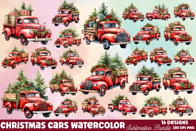 Christmas Cars Watercolor clipart Bundle, Christmas Cars