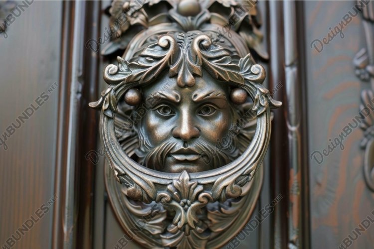 Ornate bronze door knocker with mythical face design