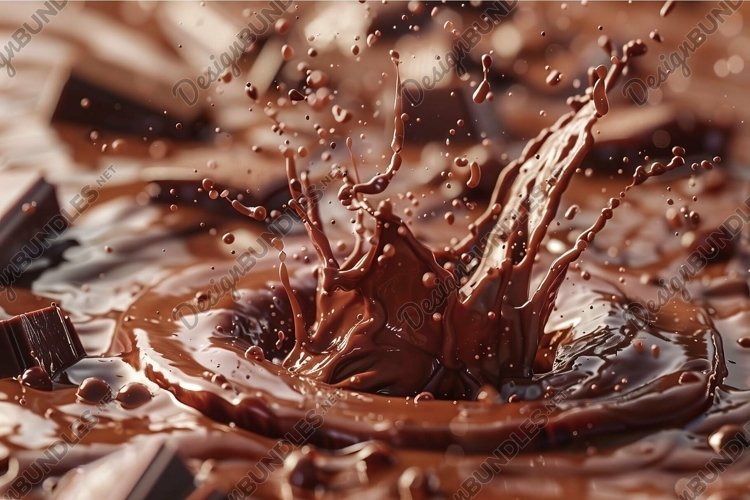 Dynamic closeup of a chocolate splash, with pieces in the ba