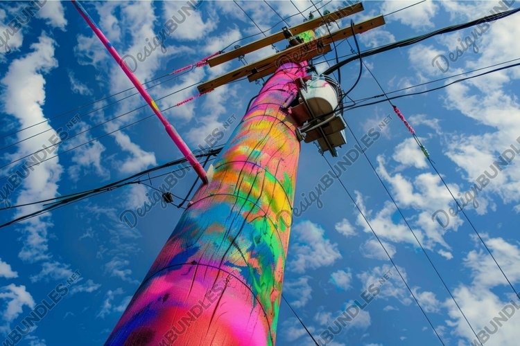 Vibrant paintsplashed utility pole against blue sky