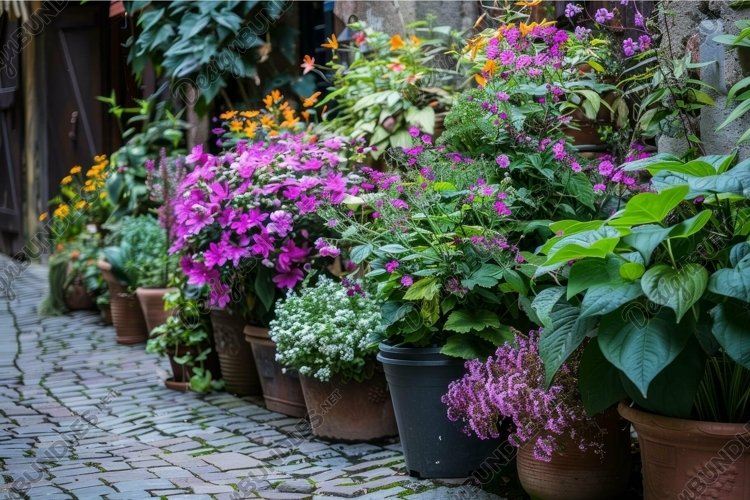Colorful street garden in charming alleyway