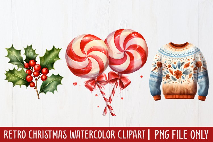 Retro Christmas Watercolor Clipart, Vintage (4389026)