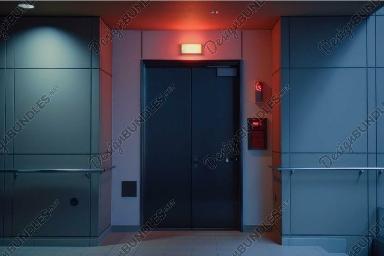 Closed elevator doors lighting up empty hallway at night