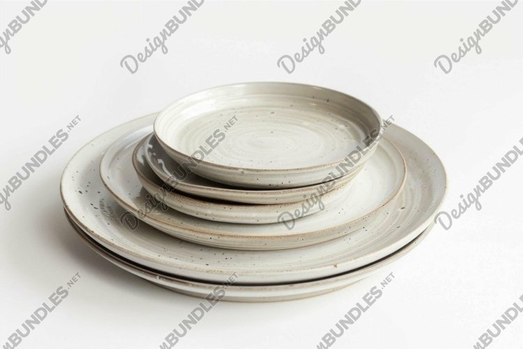 Stack of rustic ceramic plates with speckled glaze on white
