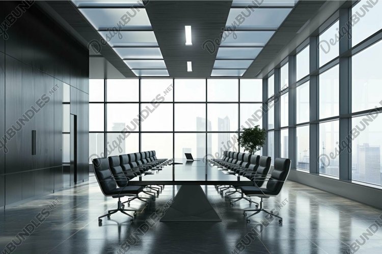 Modern conference room overlooking city with a large table a