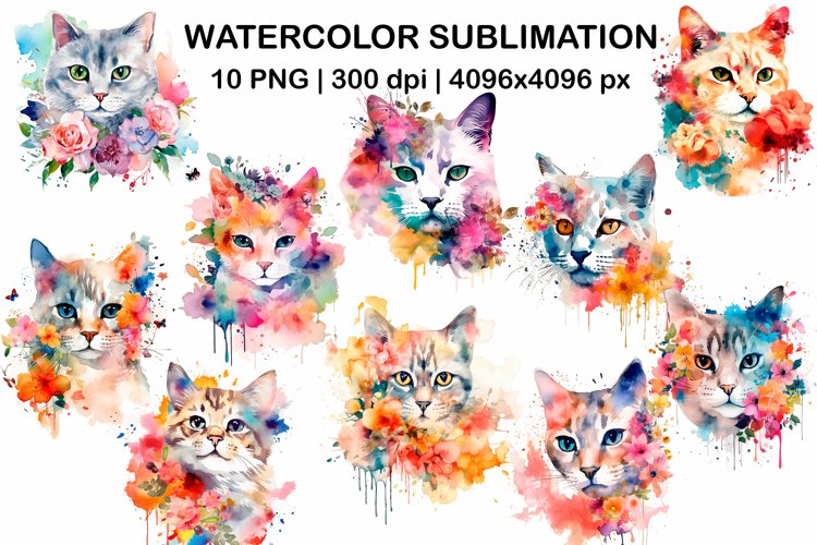 Watercolor Cats with flowers sublimation designs png bundle