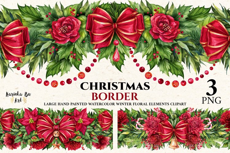 Watercolor Christmas borders 3 PNG clip art. Holly branch