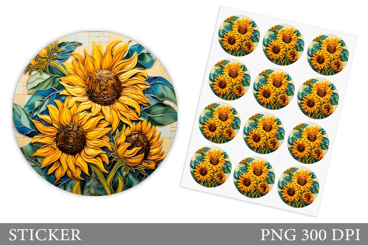 Sunflowers Sticker Design. Floral Round Sticker (3394537)