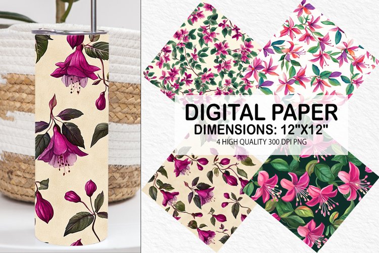 Fuchsia Flowers Pattern Digital Paper - Flowers Background