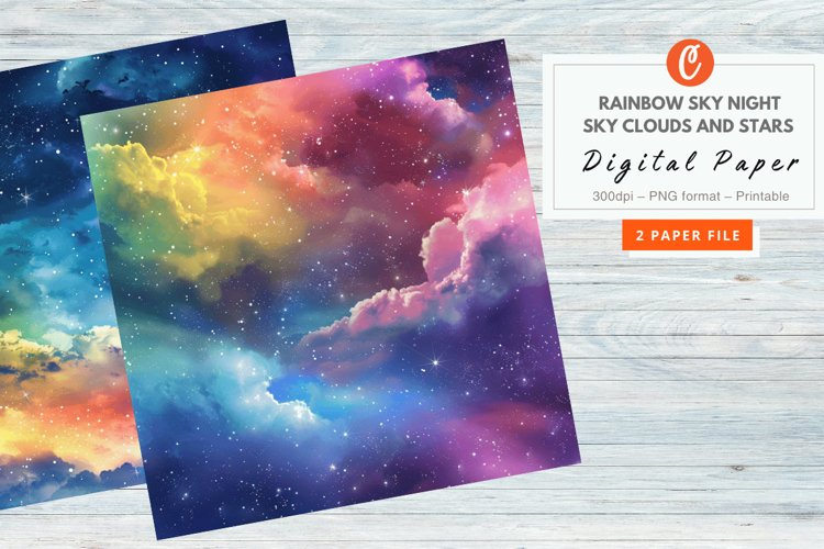 Rainbow Sky Night Sky Clouds and Stars Digital Paper