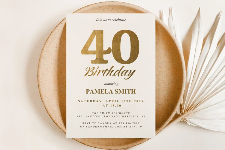 40th birthday invitation template, editable, gold faux foil
