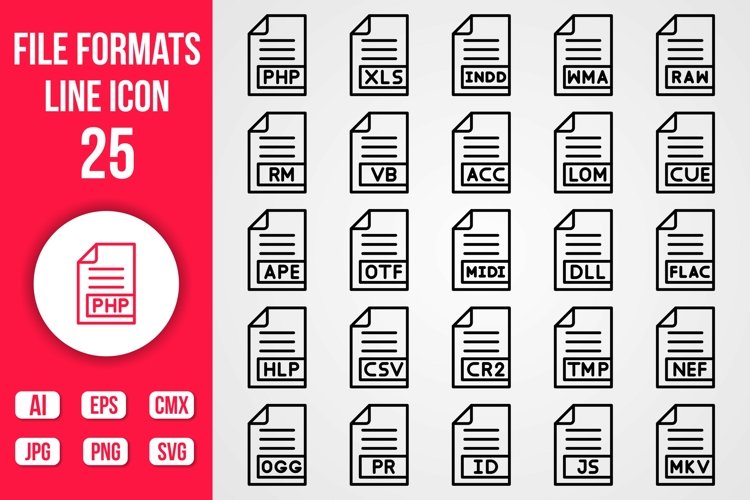 25 File Formats Line Icon Set (2508007)