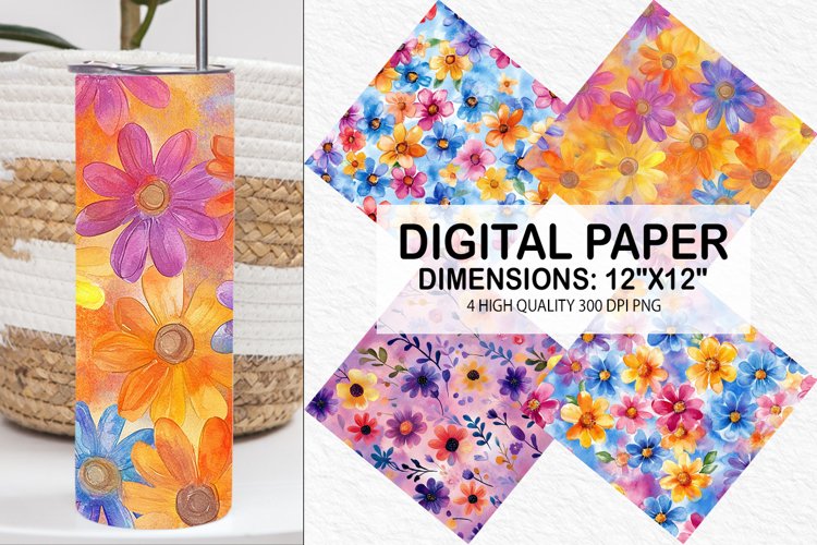 Funky Watercolor Flowers Digital Paper- Flowers Background