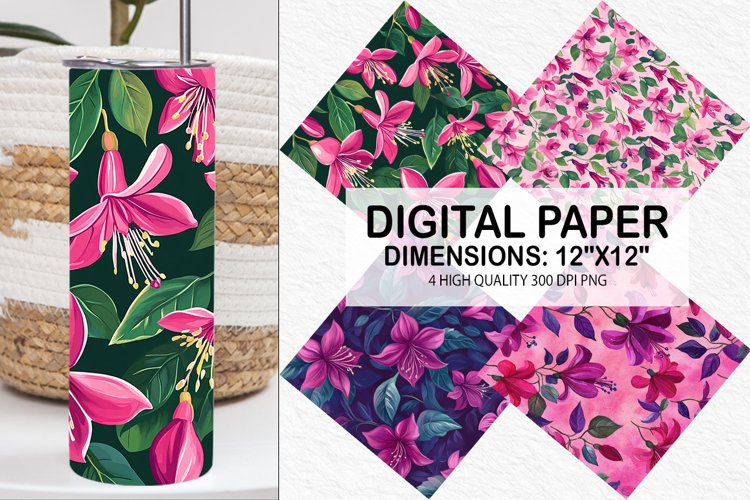 Fuchsia Flowers Pattern Digital Paper - Flowers Background