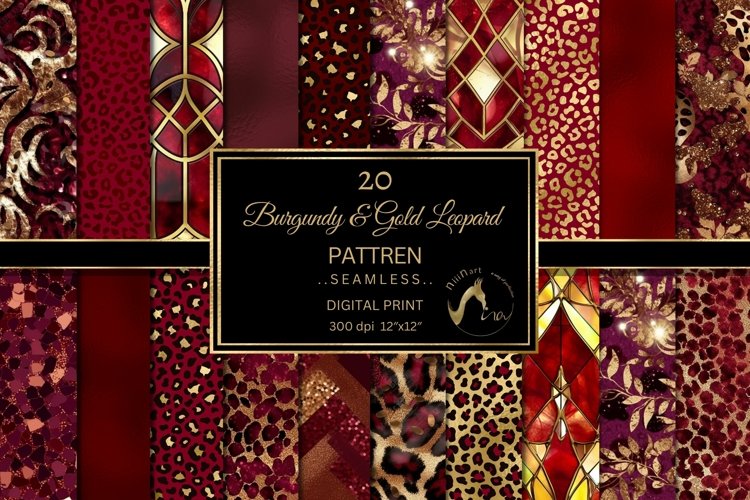 Burgundy and Gold Leopard Print, Red and Gold Glitter Paper