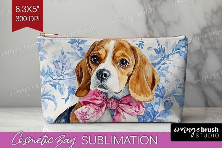 Beagle Dog Cosmetic Bag Blue Toile Makeup Bag PNG (5521729)