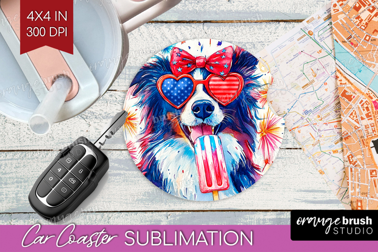 Collie Dog Car Coaster 4th Of July Coaster PNG (5462747)