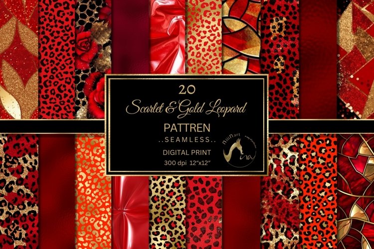 Scarlet and Gold Leopard Print, Red Leopard Digital Pattern