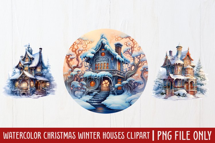 Watercolor Christmas Winter Houses Clipart, (4425367)