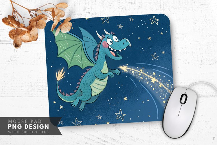Starry Night Mischief Playful Dragon Mouse Pad PNG Design