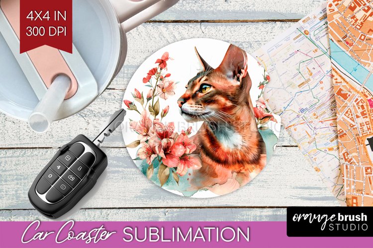 Floral Cat Car Coaster - Flowers Coaster PNG (5053401)