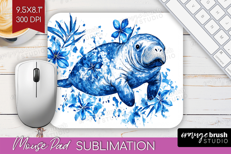 Manatee Floral Mouse Pad Sublimation Blue Flowers (5689899)